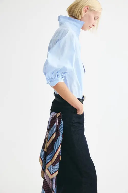 H&M Balloon-sleeved Cotton Shirt - Light Blue