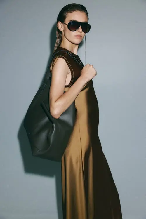 H&m Satin Midi Dress - Dark Beige