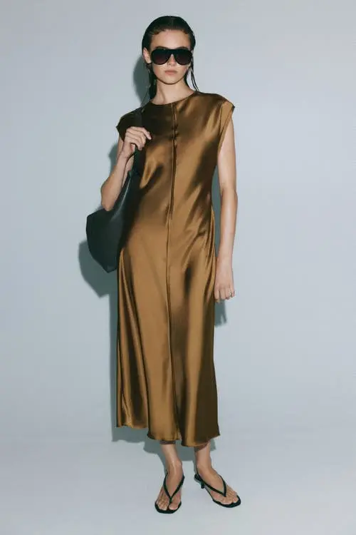 H&m Satin Midi Dress - Dark Beige