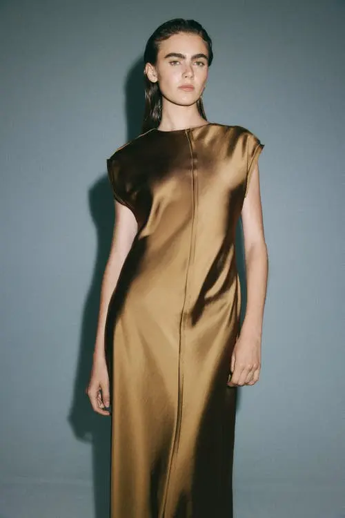 H&m Satin Midi Dress - Dark Beige