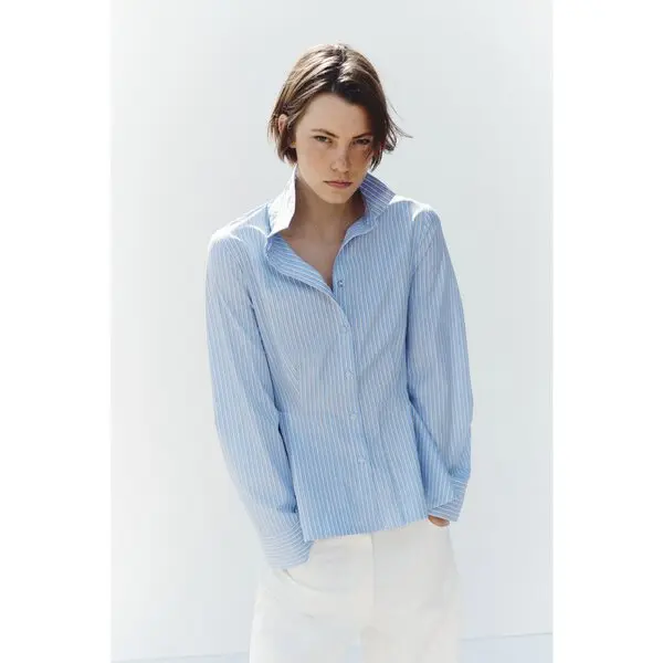 H&m Cotton Peplum Shirt - Light Blue/pinstriped