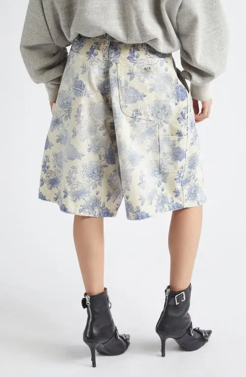 R13 Jesse Pleated Floral Denim Carpenter Shorts