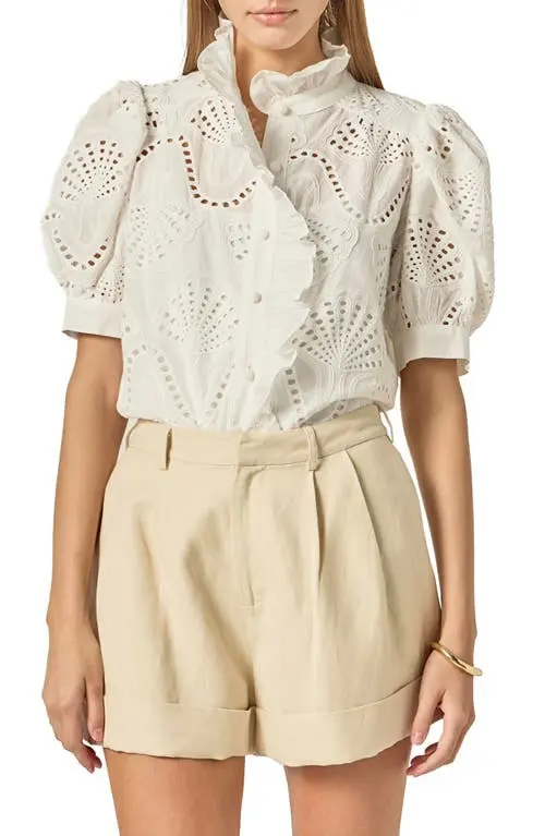 English Factory Embroidered Ruffle Eyelet Shirt - White