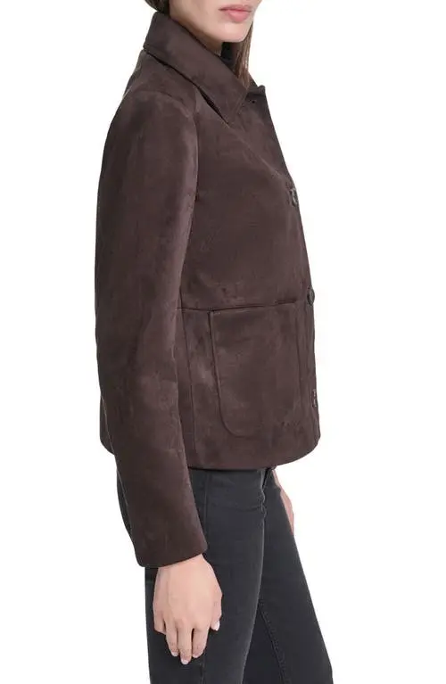 Cole Haan Faux Suede Button Front Jacket - Dark Chocolate