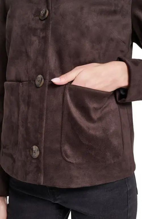 Cole Haan Faux Suede Button Front Jacket - Dark Chocolate