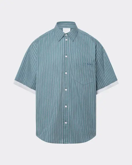 LE PERE Double Short Sleeve Button Down Shirt - Office Green