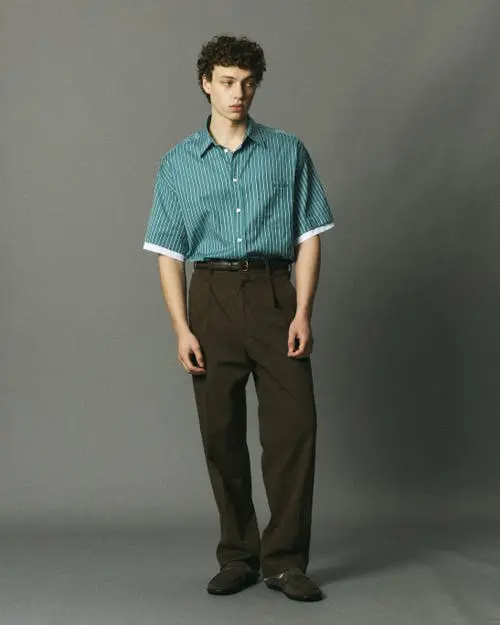 LE PERE Double Short Sleeve Button Down Shirt - Office Green