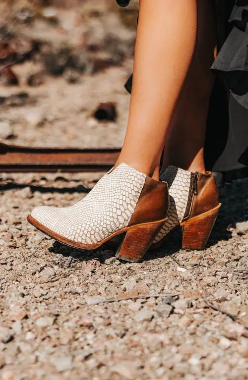 FREEBIRD Detroit Croc Embossed Leather Bootie - White Snake
