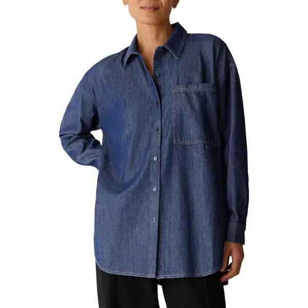 Eileen Fisher Organic Cotton Denim Long Shirt - Dark Indigo