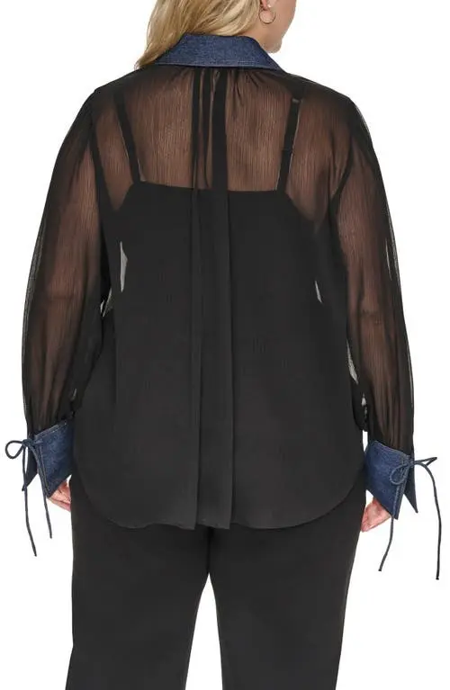 Karl Lagerfeld Paris Crinkle Chiffon Shirt With Denim Trim - Black
