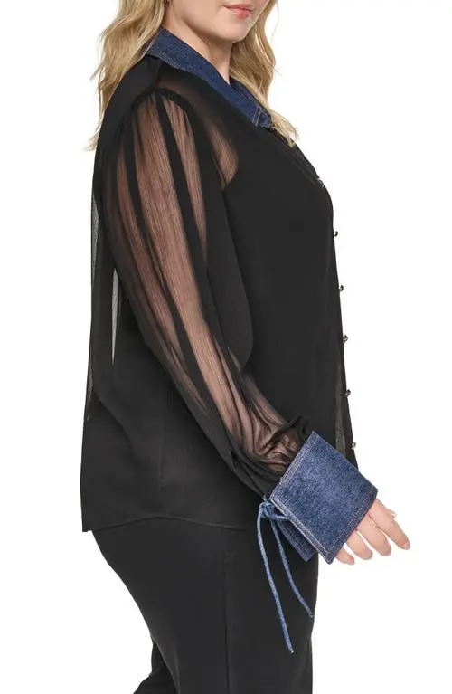 Karl Lagerfeld Paris Crinkle Chiffon Shirt With Denim Trim - Black