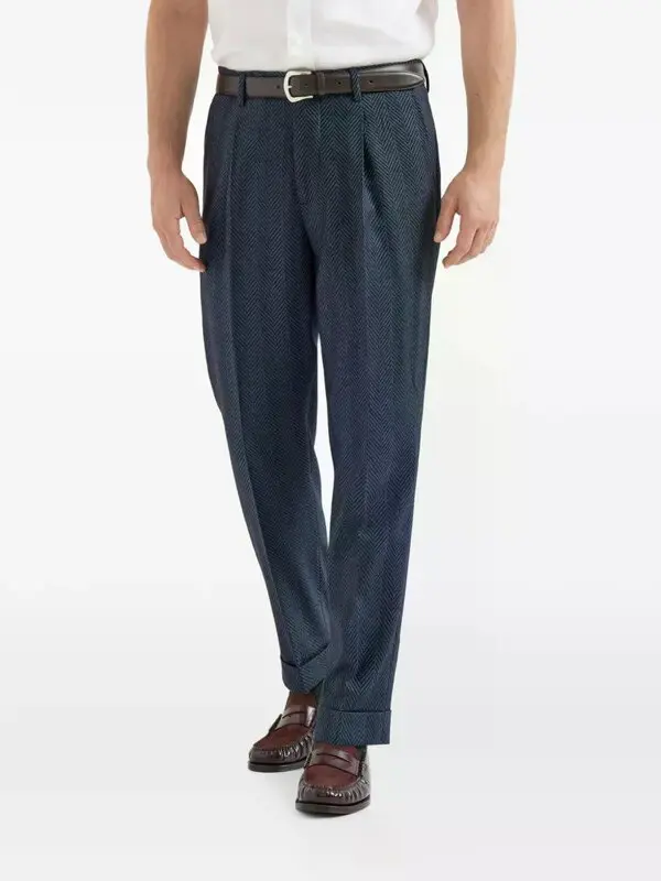 Brunello Cucinelli Cashmere And Silk Chevron Flannel Pleated Trousers - Blue