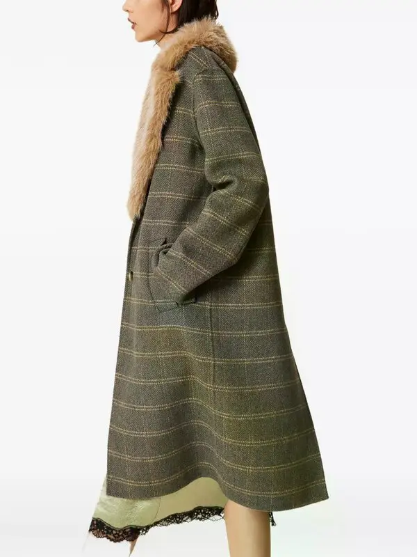 TWINSET Chequered Double Wool Coat With Faux-fur - Grey