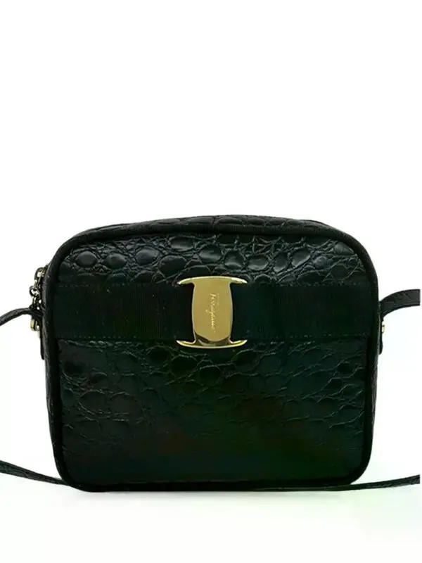 FERRAGAMO 1980-1990 Croc Embossed Leather Vara Crossbody Bag - Black