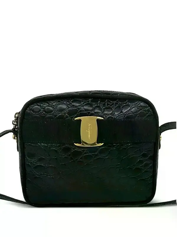 FERRAGAMO Croc Embossed Leather Vara Crossbody Bag - Black