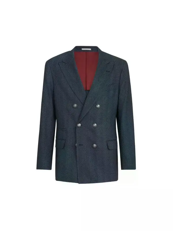 Brunello Cucinelli Cashmere And Silk Chevron Flannel One-and-a-half Breasted Deconstructed Blazer With Metal Buttons - Blue