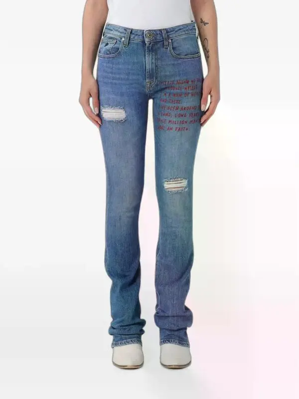 VICTORY GATE Distressed Slogan-print Jeans