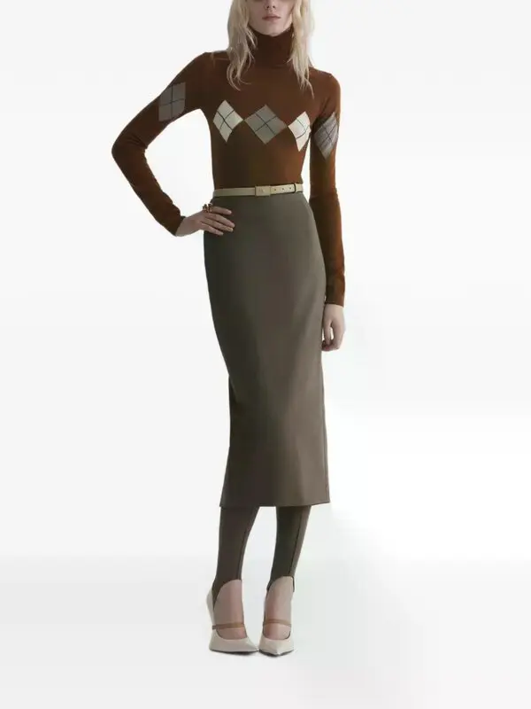 MUGLER Argyle Knit High Neck Long Sleeve Top