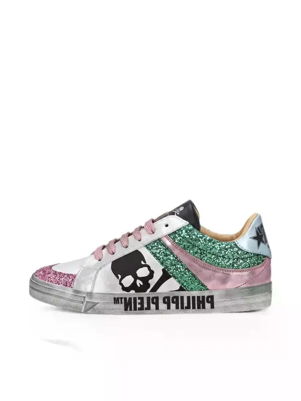 Philipp Plein Nappa Leather Glitter Skull Low-top Sneakers