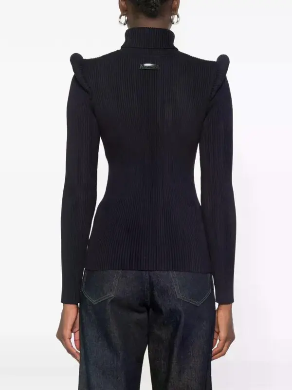 Elisabetta Franchi Padded Shoulder Ribbed Knit Turtleneck - Blue