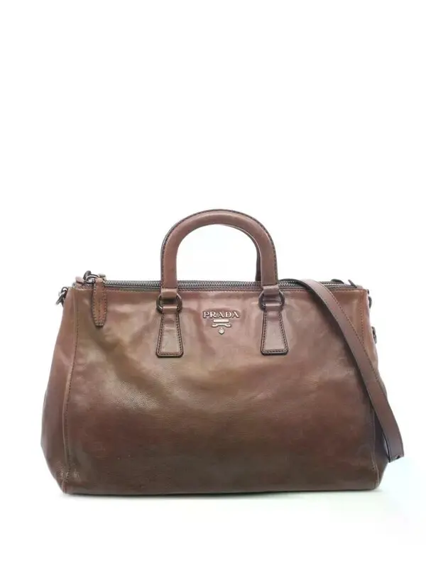 Prada 2000s Metal Logo Tote Bag - Brown