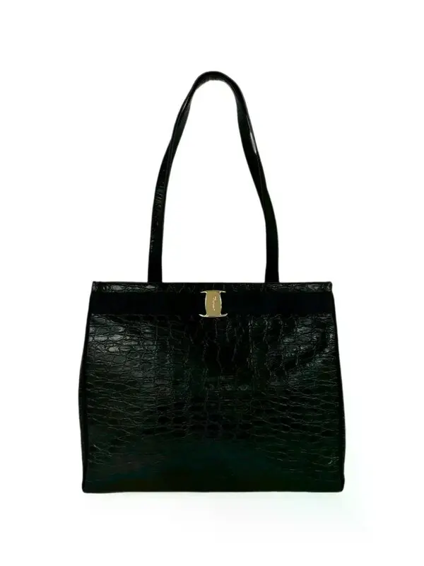 FERRAGAMO 1990-2000 Croc Embossed Leather Vara Tote Bag - Black