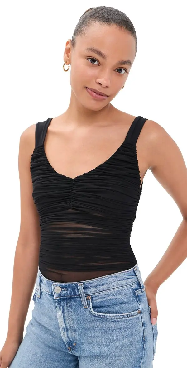 Alice + Olivia Renee Sheer Ruched V-neck Bodysuit