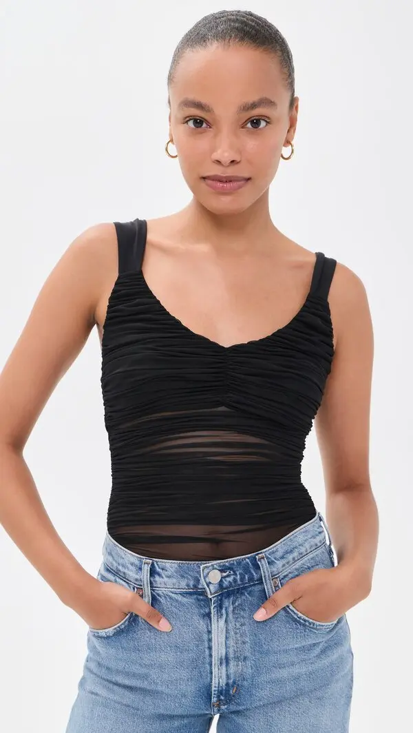 Alice + Olivia Renee Sheer Ruched V-neck Bodysuit