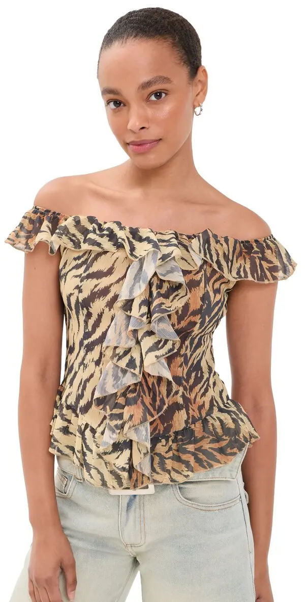 Lioness Off-shoulder Ruffle Print Top - Tiger