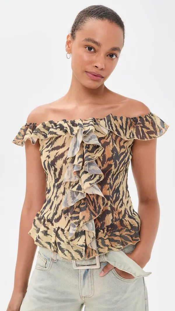 Lioness Off-shoulder Ruffle Print Top - Tiger