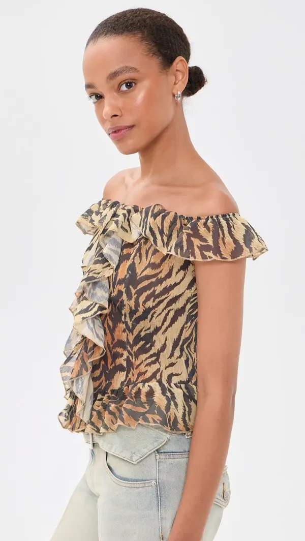 Lioness Off-shoulder Ruffle Print Top - Tiger