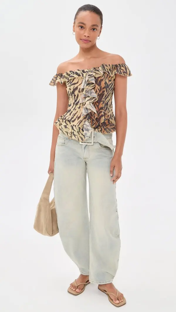 Lioness Off-shoulder Ruffle Print Top - Tiger