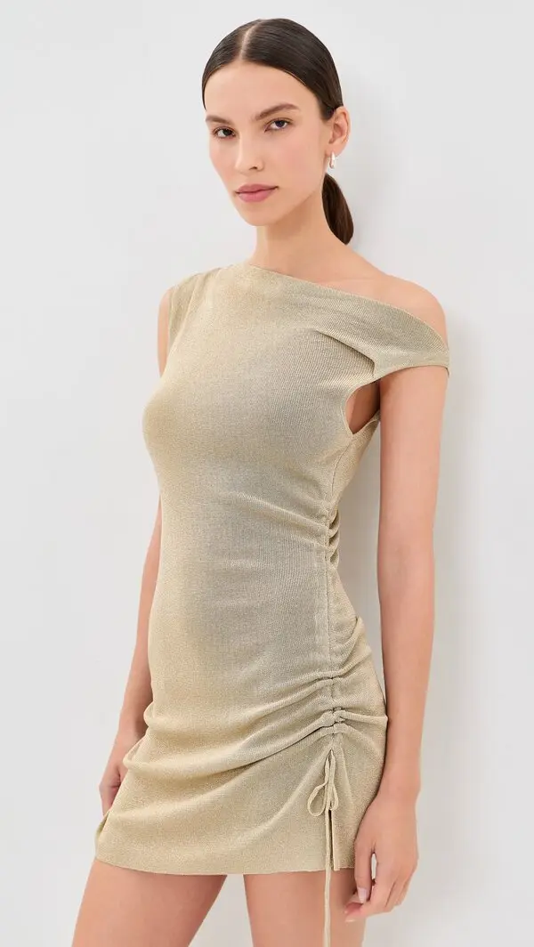 Lioness Original Sin Mini Dress With Metallic Finish And Pleated Shoulders - Oyster