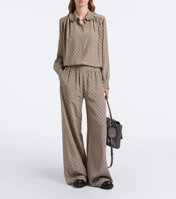 Gucci Gg Silk Crêpe De Chine Palazzo Pants - Beige