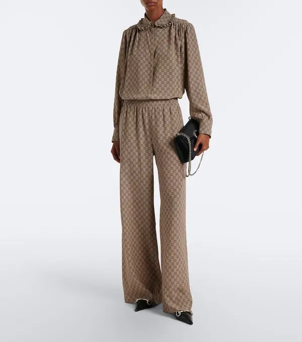Gucci Gg Silk Crêpe De Chine Palazzo Pants - Beige