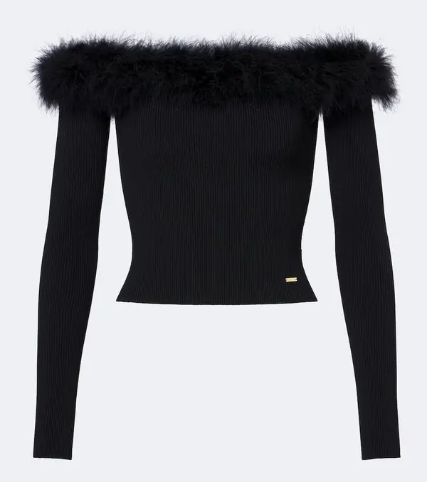 Gucci Feather-trimmed Ribbed-knit Top