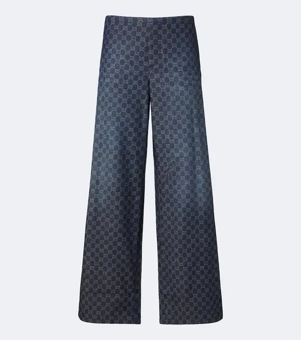 Gucci Gg Cotton Chambray Jacquard Wide-leg Pants - Blue