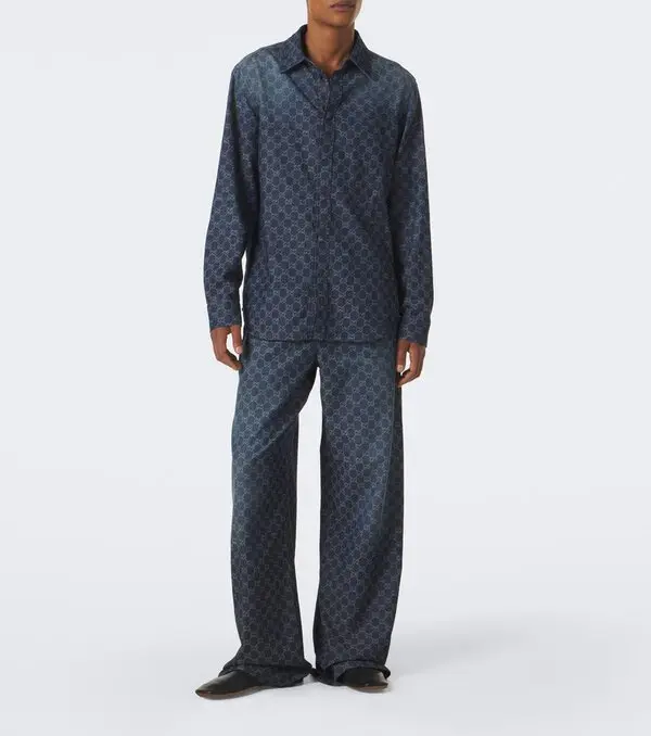 Gucci Gg Cotton Chambray Jacquard Wide-leg Pants