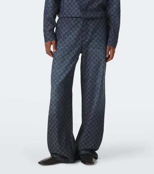 Gucci Gg Cotton Chambray Jacquard Wide-leg Pants