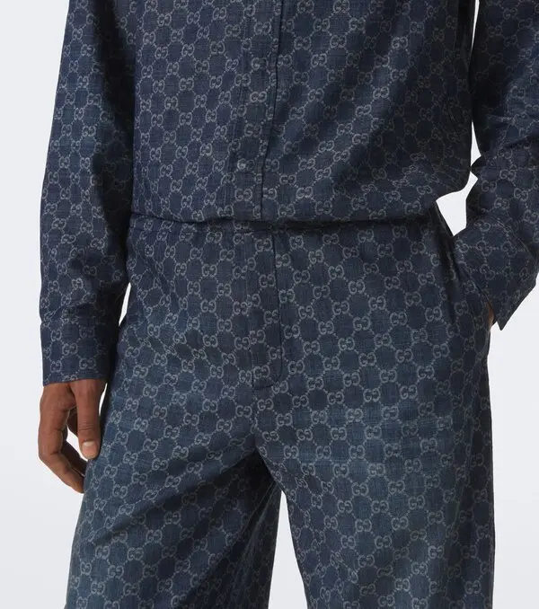 Gucci Gg Cotton Chambray Jacquard Wide-leg Pants