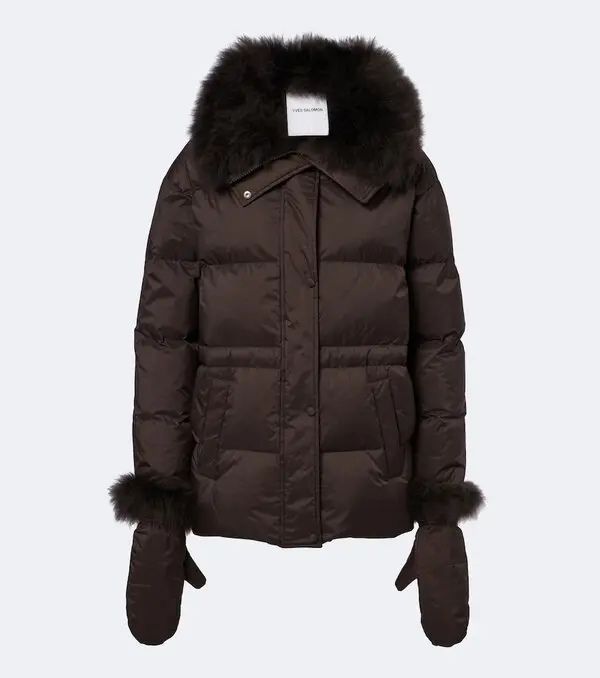 YVES SALOMON Down Jacket And Gloves Set With Calf Hair Trim - Brown