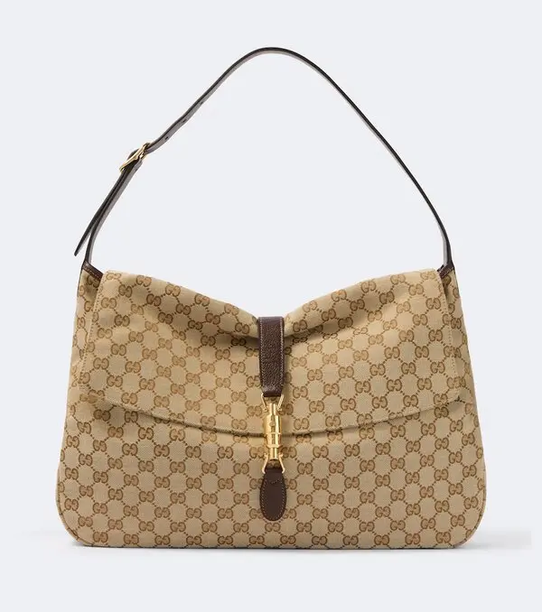 Gucci Jackie Flap Large Gg Canvas Shoulder Bag - Beige
