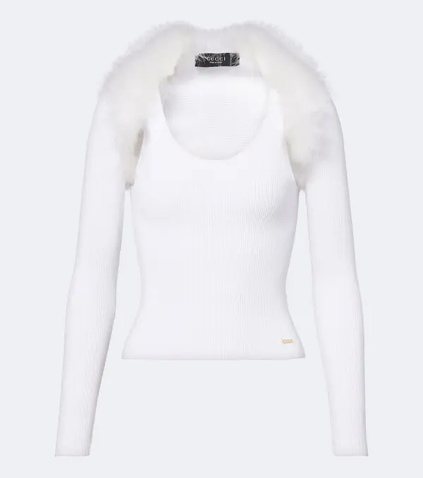 Gucci Ribbed-knit Shrug And Tank Top Set With Feather Embellishment - White
