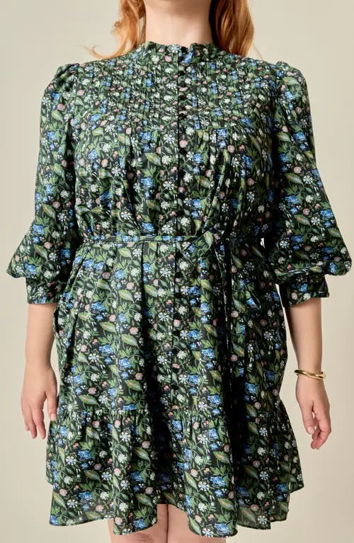 English Factory Floral Print Pintuck Smock Mini Dress