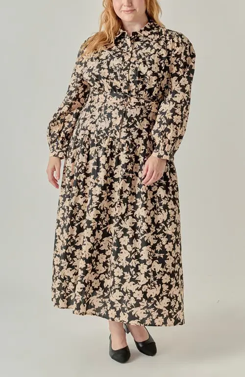 English Factory Floral Print Cotton Midi Dress With Belt - Navy/green