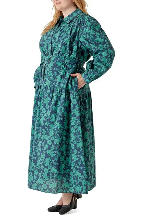 English Factory Floral Print Cotton Midi Dress With Belt - Navy/green