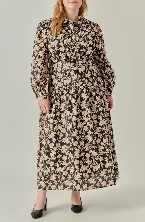 English Factory Floral Print Cotton Midi Dress With Belt - Navy/green
