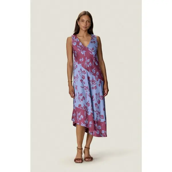 Rebecca Taylor Floral Print Mix Asymmetrical V-neck Sleeveless Dress - Cornflower/plum Multi