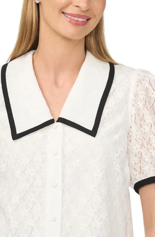 CECE DUPRAZ Contrast Trim Lace Puff Sleeve Top