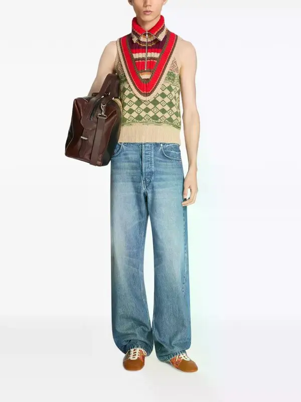 Dries Van Noten Ribbed Wool Zip Collar With Multicolored Stripes - Red